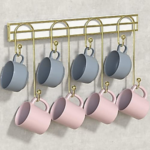 J JACKCUBE DESIGN Wall Mounted Coffee Mug Cup Holder Gold Metal Rack for Home, Kitchen Tea Cup Display Storage Organizer with 8 Hooks - MK738A