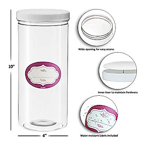 80 Ounce Tall Clear Empty Plastic Jars with Screw-on Lids & Labels - Pack of 3 Large 2.5 quart 10 cup capacity Plastic Cylinder Containers - Food Grade BPA Free Airtight Leak Proof Canisters