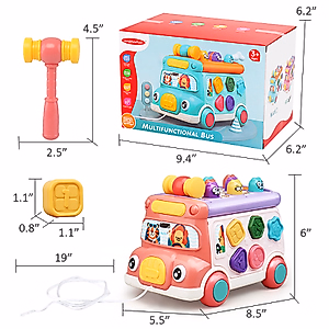 Music Activity Bus Baby Toy, Infant Education Learn Car, Sound & Light, Interactive Game, Shape Sorter, Animal Matching, Holiday Birthday Present for Toddler Kid Boy Girl 3 4 5 6 7 Years (Pink)