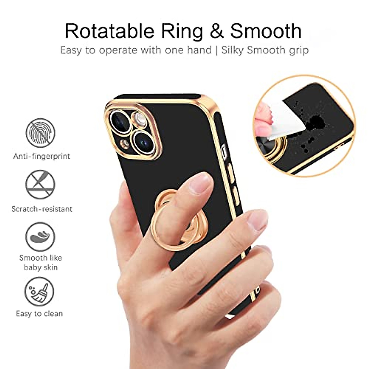 VENINGO iPhone 14 Case,Phone Cases for iPhone 14,Slim Fit Soft 360° Ring Holder Kickstand Magnetic Car Mount Supported Easy Clean Shockproof Protective Cover for Apple iPhone 14 6.1" 2022,Black/Golden