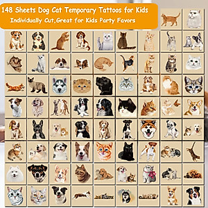 CHARLENT 148 PCS Dog Cat Temporary Tattoos for Kids - 3D Individual Puppy kitten Tattoos for Boys Girls Animals Birthday Party Favors Goodie Bag Fillers