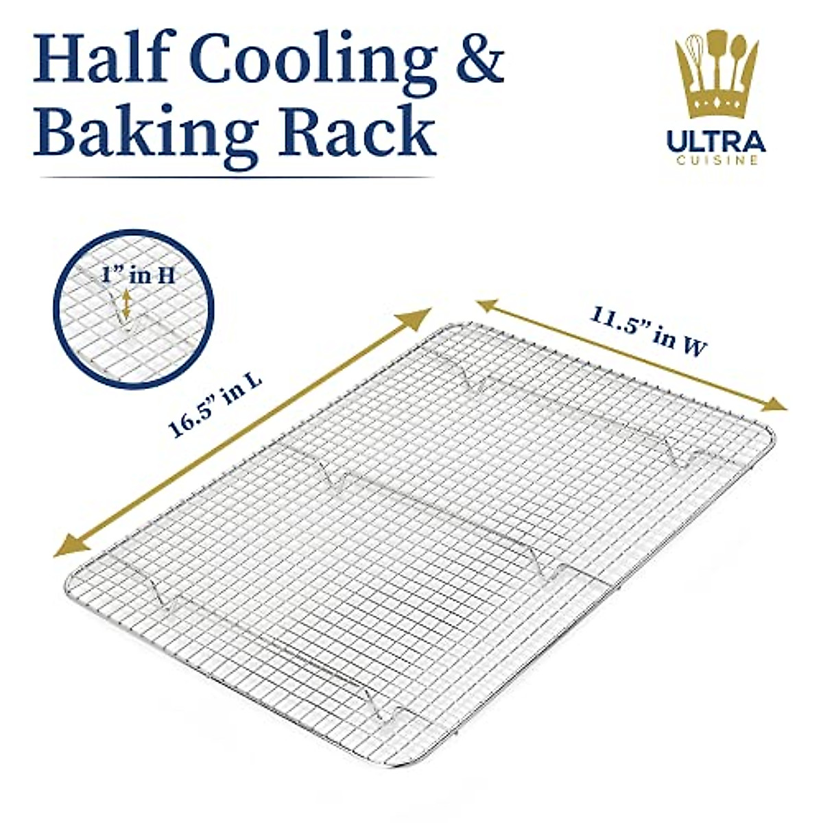 Ultra Cuisine Cooling Rack for Baking and Cooking - 100% Stainless Steel Wire Cooling Rack, Food-Safe, Dishwasher-Safe, Heavy Duty - 11.5" x 16.5" - Tight-Wire Baking Rack fits Half Sheet Pans