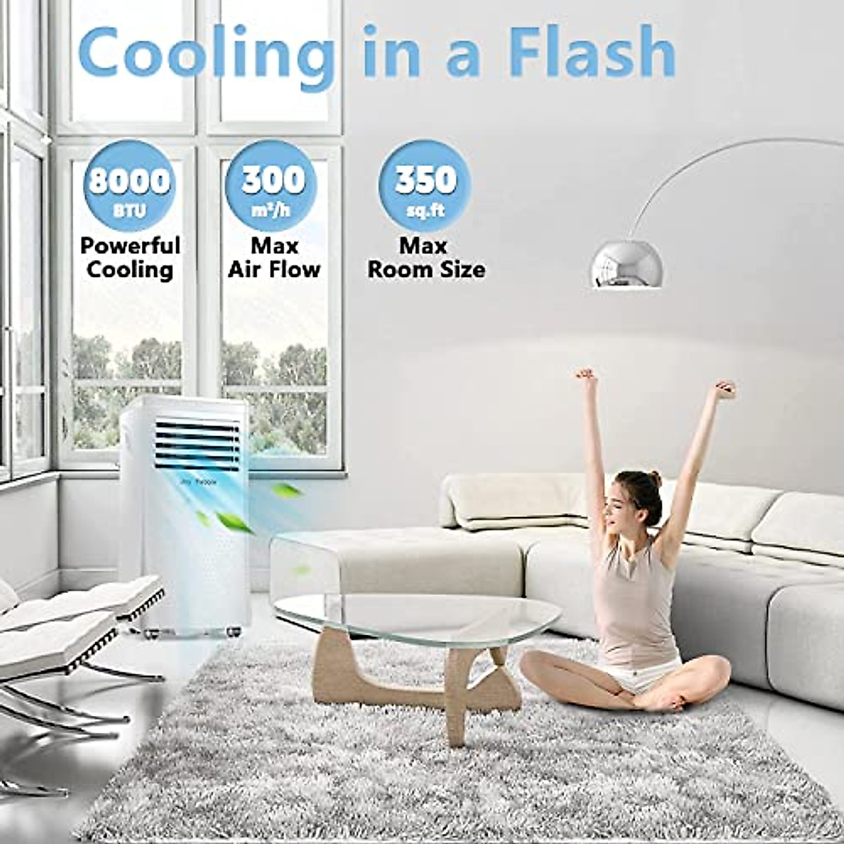 Joy Pebble Portable Air Conditioner 8000 BTU for Small Room, 3-in-1 AC Unit with Fan & Dehumidifier Cools 350 sq. ft, Energy Saving Portable AC with ECO Mode, 2 Fan Speeds, Auto Swing, 24H On/Off Timer, Full-Function LED Remote Control