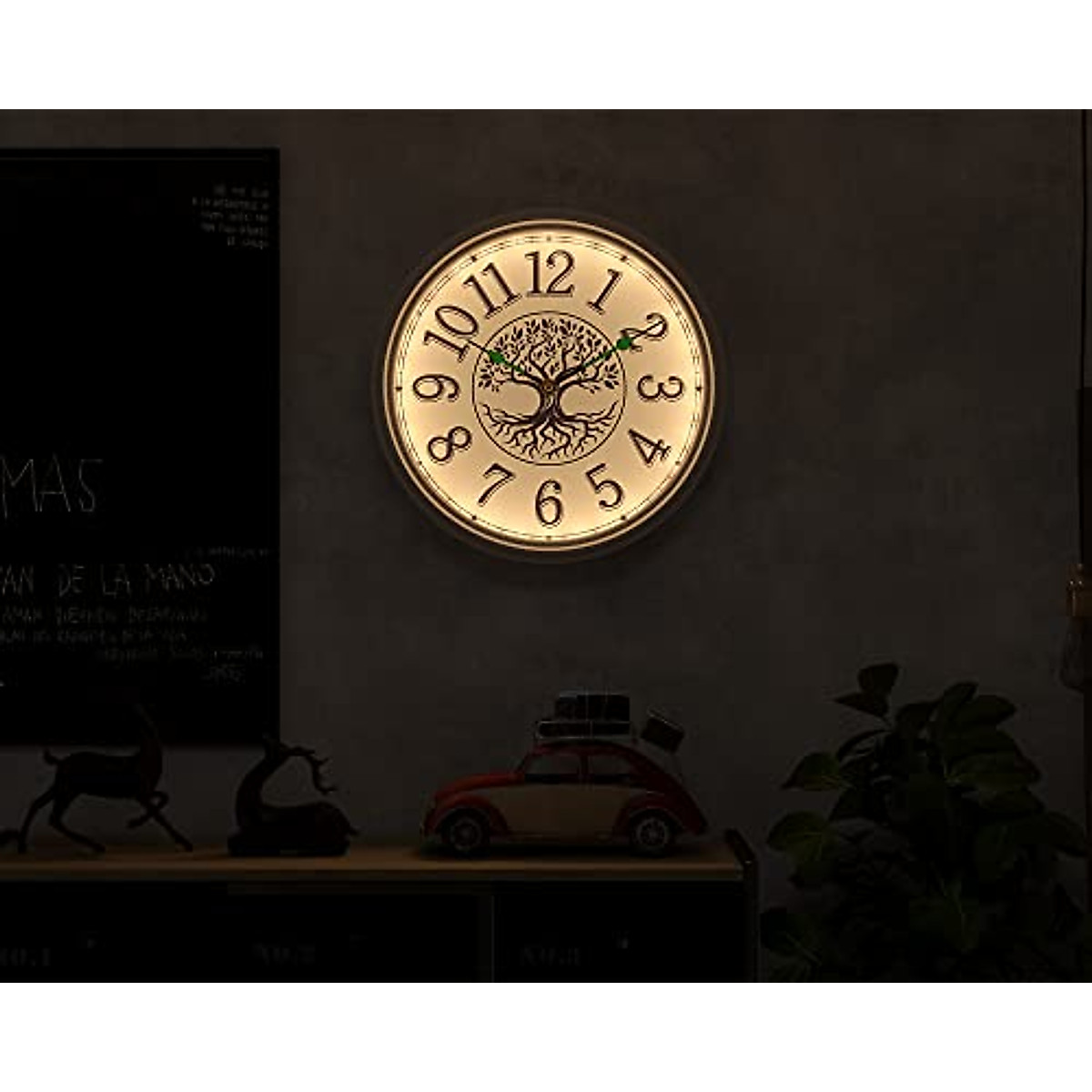 Abdurey Night Light Wall Clock, 12" White Retro-Vintage Style, Silent Battery Operated, Sound Control Sensor Lighted Wall Clocks, for Bedroom, Living Room, Farmhouse (Tree of Life Warm Light)