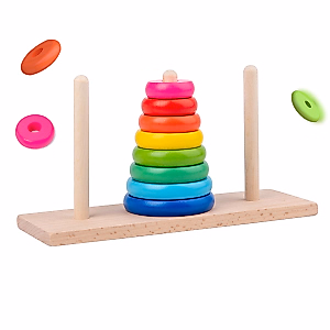 GYBBER&MUMU Wooden Towers of Hanoi (8 Rings) Rainbow Blocks Toy with Storage Box for Kids 3 Years and Up