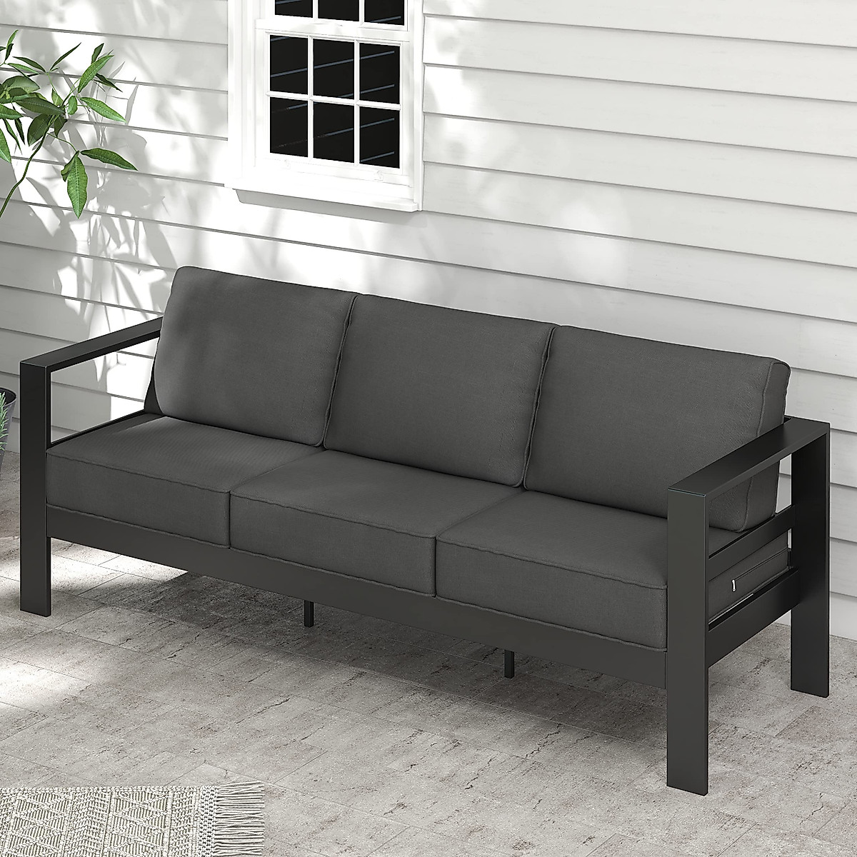 Betterhood Aluminum Patio Furniture Set, Modern Outdoor Seating with Upgrade Cushion & Wide Armrest, Patio Sofa for Balcony, Garden,Additional Dust Cover, Dark Grey