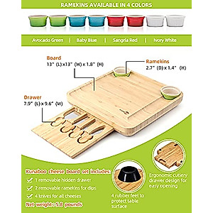 Kunaboo Bamboo Charcuterie Board Set-Green Ramekins-Climate Pledge Friendly Certified Cheese Board with Knife Set (FSC Certified eco-Friendly Bamboo)-Free Travel Canvas Bag-Cheese Boards Gift Set