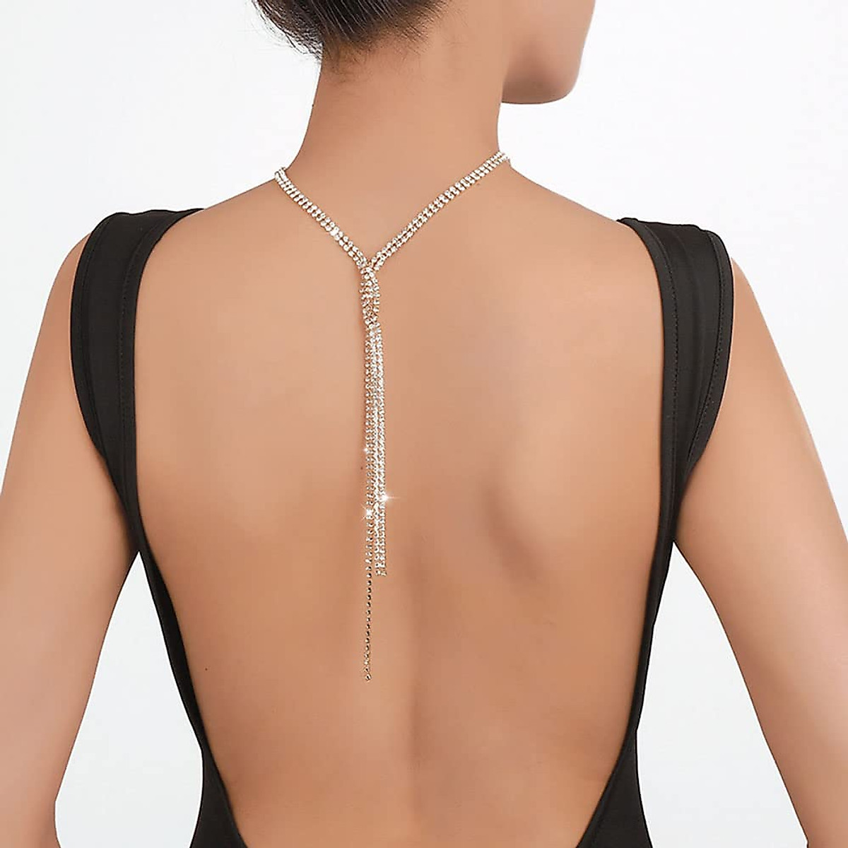 Chargances Golden Sparkly Rhinestone Y Lariat Long Necklace Tennis Crystal Backdrop Statement Necklace for Women