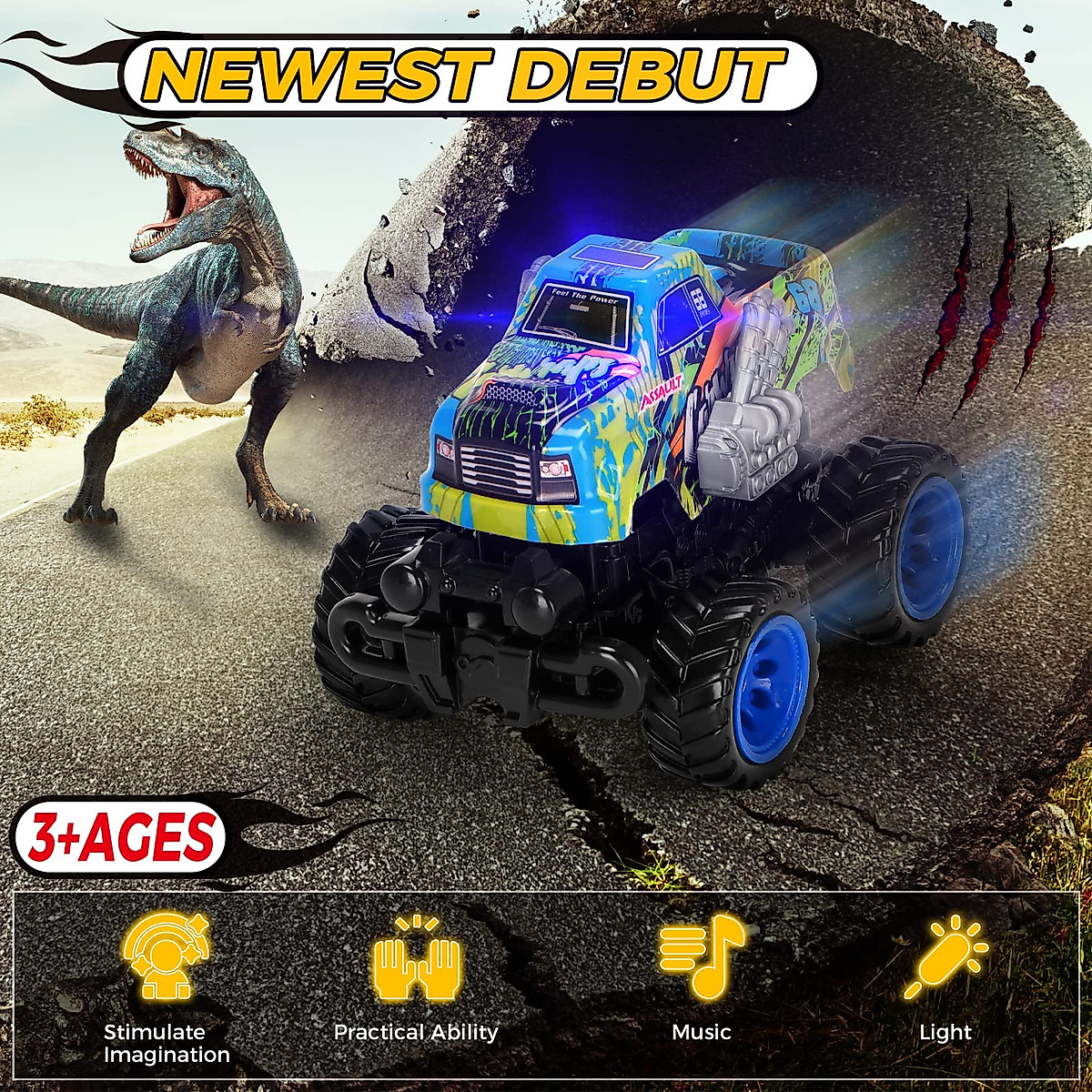 kkmon Exploding Monster Truck Toy with Interchangeable Dinosaur and Shark Bodies, Lights & Sounds,2 Pack of Light Up Monster Truck for Boys Age 3 and 4-7,Toddler Car Toys Gift