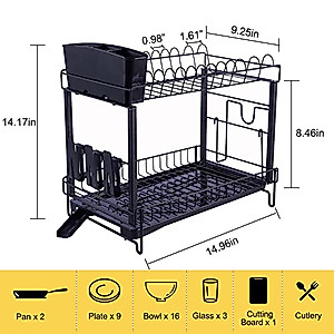 YP Dish Drying Rack with Drainboard, 2 Tier Dish Drainers for Kitchen Counter, Kitchen Dish Rack Organizer with Removable Utensil Holder, Black