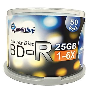 Smartbuy 50-disc 25GB 6X BD-R Blu-Ray Logo Top Blank Media Record Disc + Black Permanent Marker