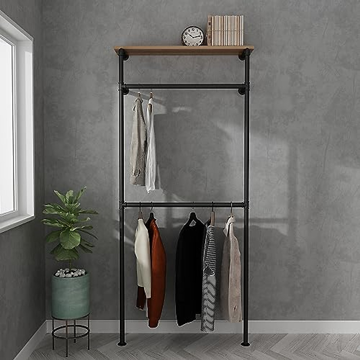 LANJIN Industrial Pipe Clothing Rack,Clothes Rack for Wardrobe, Bedroom and As Walk-in Closet System.Sturdy Clothing Racks for Hanging Clothes,Wall Mounted Heavy Duty Clothes Rack,Black A