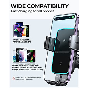 Wireless Car Charger Phone Mount: Dual Coil Joyroom LED Qi 15W Cell Phone Fast Charging Vent Holder with Auto Smart Sensor Clamping for iPhone 14 13 12 11 Pro Max, Samsung Galaxy S22 21 Note 20