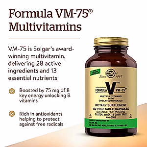 Solgar Formula VM-75, 120 Vegetable Capsules - Vitamin A, B6, B12, C, D, E - Biotin, Magnesium, Calcium, Copper, Iron, Zinc, Folic Acid, Niacin - Non-GMO, Vegan, Gluten Free, Dairy Free - 60 Servings