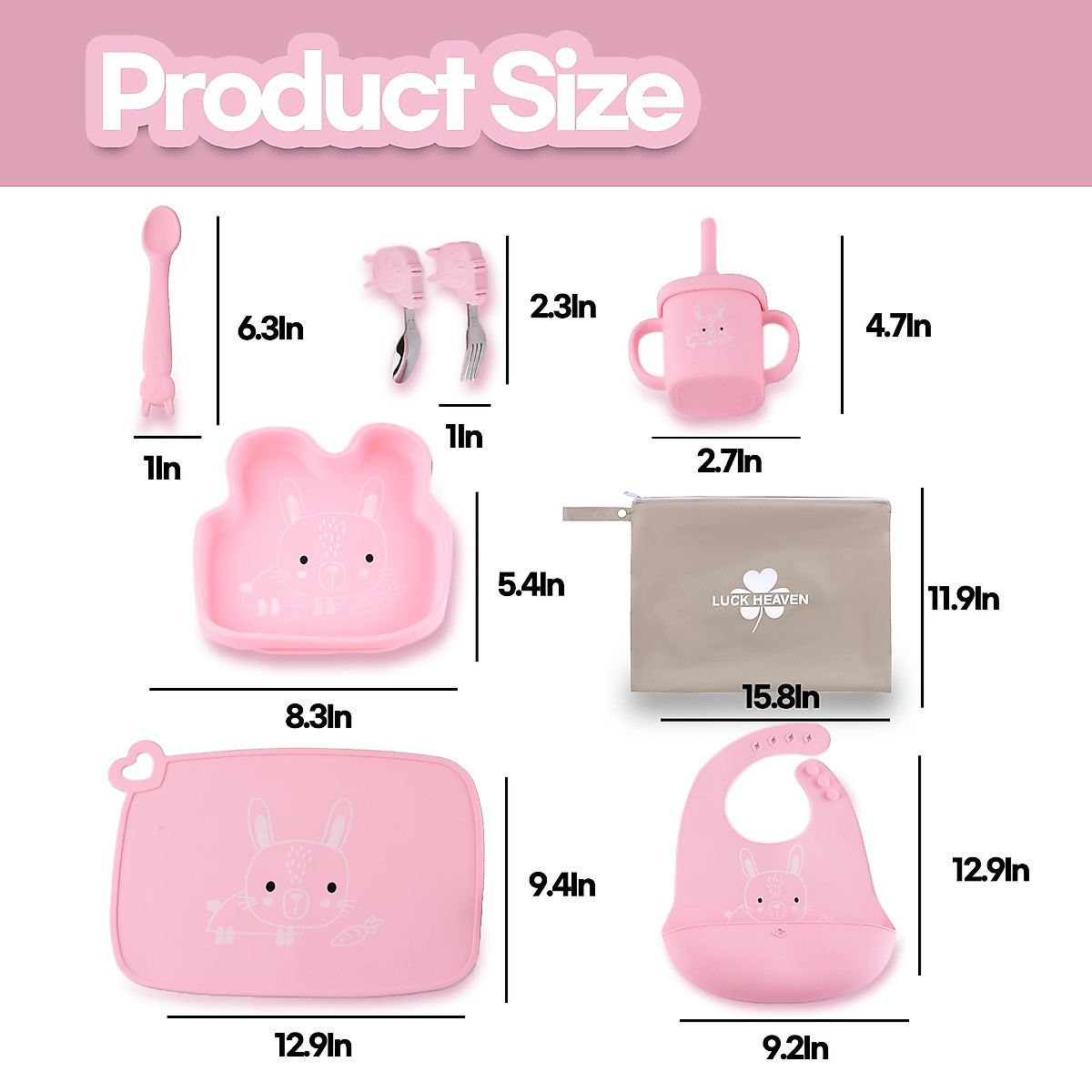 LUCK HEAVEN - Silicone Baby Feeding Set(Rabbit), Baby Led Weaning Supplies with Suction Bowl, Toddler Self Feeding Dish Set with Spoons Forks Sippy Cup Adjustable Bib