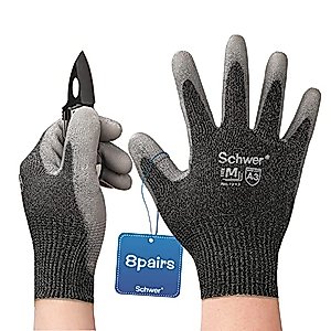 Schwer 8 Pairs Cut Resistant Work Gloves, ANSI A3 Cut Proof Working Gloves with Grip on Palm, for Men & Women, Ideal for General Purpose, Assembly, Auto Repairing (Black, Large)