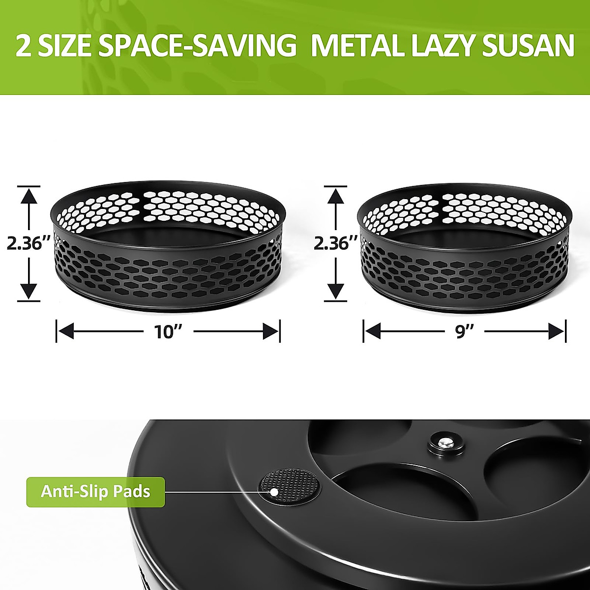 2 Pack Lazy Susan Turntable for Cabinet Table, 10" & 9" Metal Steel Turntable Organizer with Non-Slip Pad, Perfect for Spices, Vanity, Fridge, Countertop, Pantry