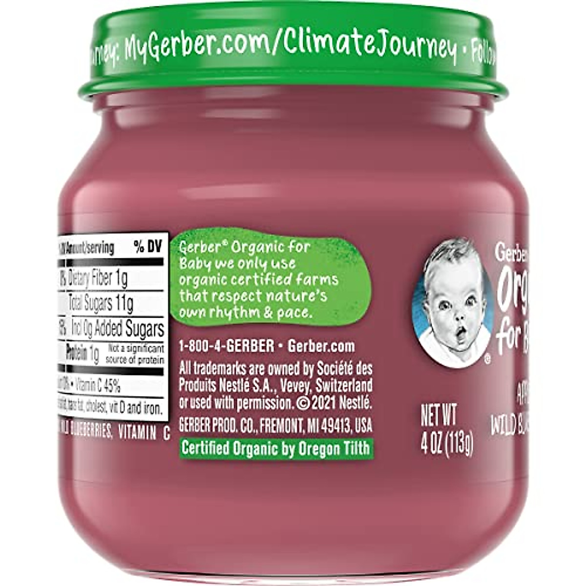 Gerber Purees Organic 2nd Foods Apple Wild Blueberry Baby Food Glass Jar (Pack of 6)