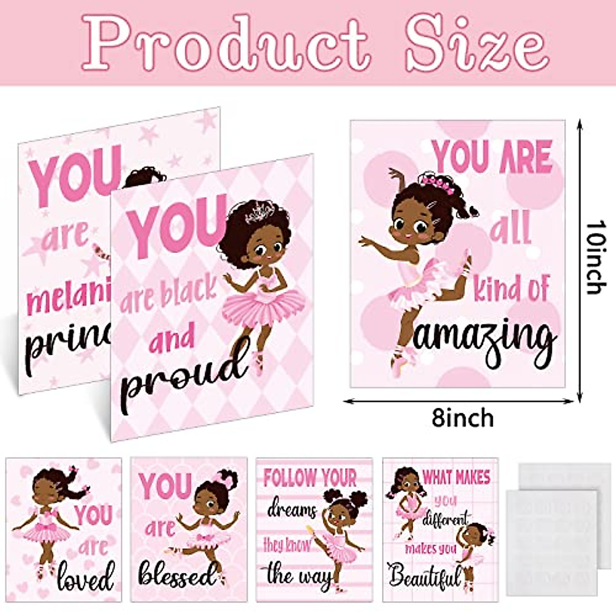 9 Pcs Black Ballerina Wall Decor Black Toddler Girl Wall Art Motivational African Little Girls Pink Room Decor for Positive Pink Bedroom Wall Decor Ballerina African American Toddler Quotes Posters