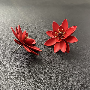 Chic Cute Boho Matte Flower Statement Stud Earrings with Gold Flower Bud for Women Sister Mom Lover and Friends (Red 13)