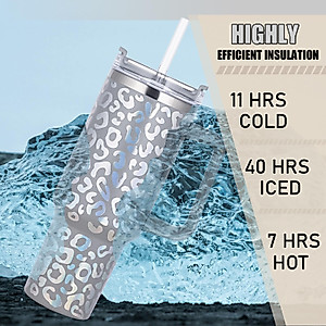 Xereizo 40 oz Tumbler with Handle and Straw, Leak Proof Stainless Steel Insulated Travel Coffee Tumbler Cups Lid and Straw, Iced for 40 Hours Cupholder Friendly Water Bottle Mug, Leopard Print Grey