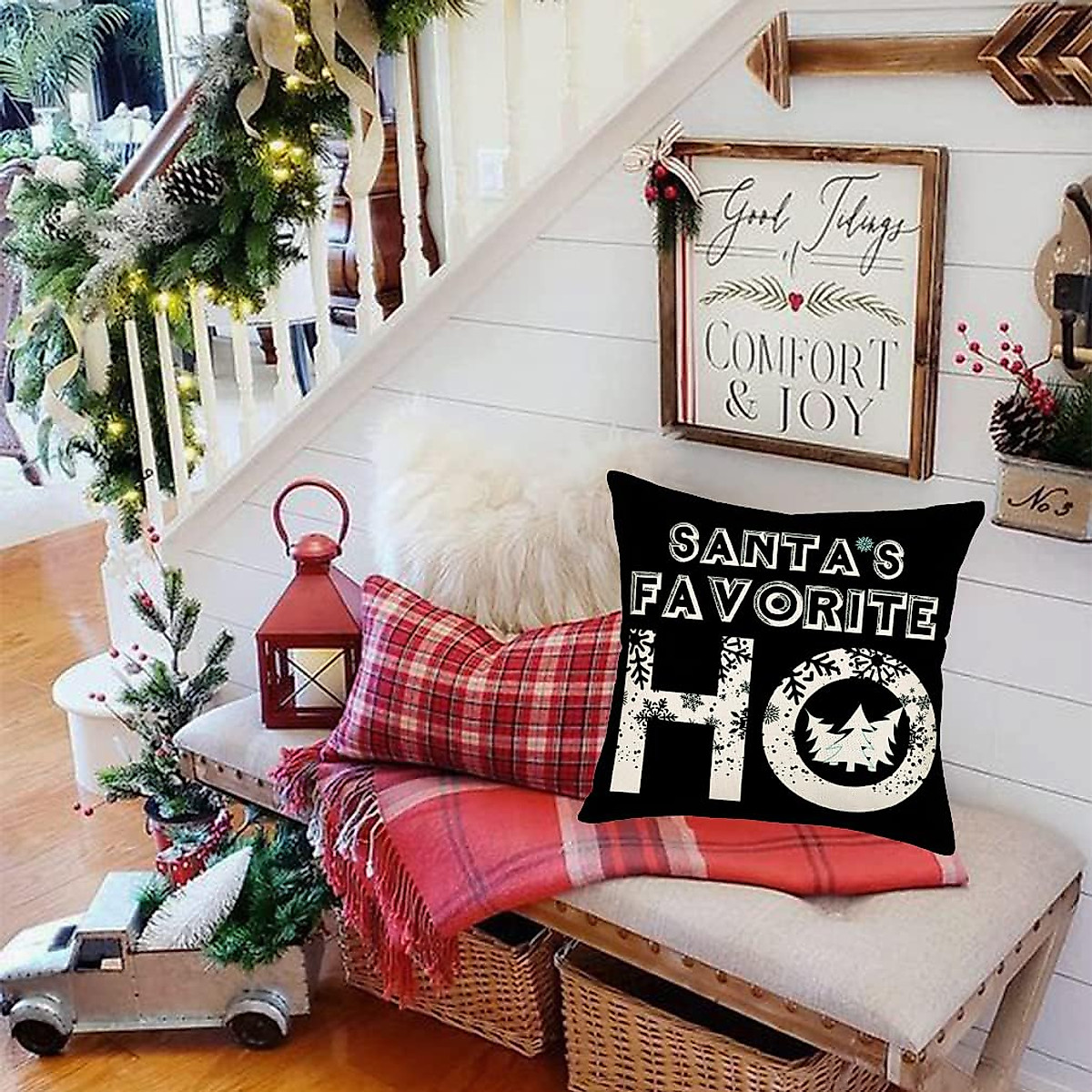Easternproject Santa’s Favorite Ho Christmas Throw Pillow Covers 18x18 Inch Black White Snowflake Xmas Tree Winter Holiday Farmhouse Decoration Pillow Cases Cotton Linen Cushion Cover