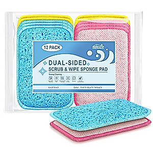 12 Pack Scrub & Wipe Cloths, Dual-Sided Sponges for Kitchen, All-Purpose Cloth for Dishes, Pots, Pans, Non-Stick Cookware, Countertops (Red, Yellow, Blue)