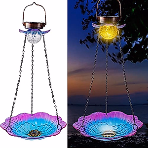 MAGGIFT Solar Powered Bird Bath for Outdoor Hanging, Wild Bird Feeder Glass Flower Seed Tray Outside, Waterproof Birdfeeders Solar Garden Crackle Glass Ball Light Warm White LED Landscape Lighting