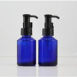 2PCS 60ML/2oz Blue Glass Pump Bottles with Black Pump Top Cosmetic Make-up Cream Lotion Sample Packing Storage Container Vial Jar for Emulsion Essence