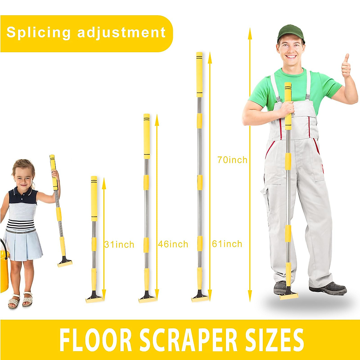 Floor Scraper Long Handle Heavy Duty, 31-61" Floor Scraper Heavy Duty Scraper Tool Thickened Steel Tube with 4inch sharp Blades 10PCS Extra Metal Paint Scraper Ideal for Cleaning.(1 yellow)
