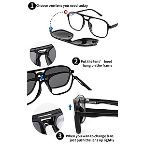 FEISEDY Magnetic Clip on Sunglasses TR90 Square Aviator Frame TAC 5pcs Replacement Lens Set Sunglasses for Men Women Day & Night Driving B2884