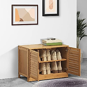 MoNiBloom 2 Tier Bamboo Shoe Rack, Free Standing Shoe Shelf Oragnizer Storage Cabinet with Shutter Door for 6-10 Pairs Entryway Hallway Office Bedroom, Natural