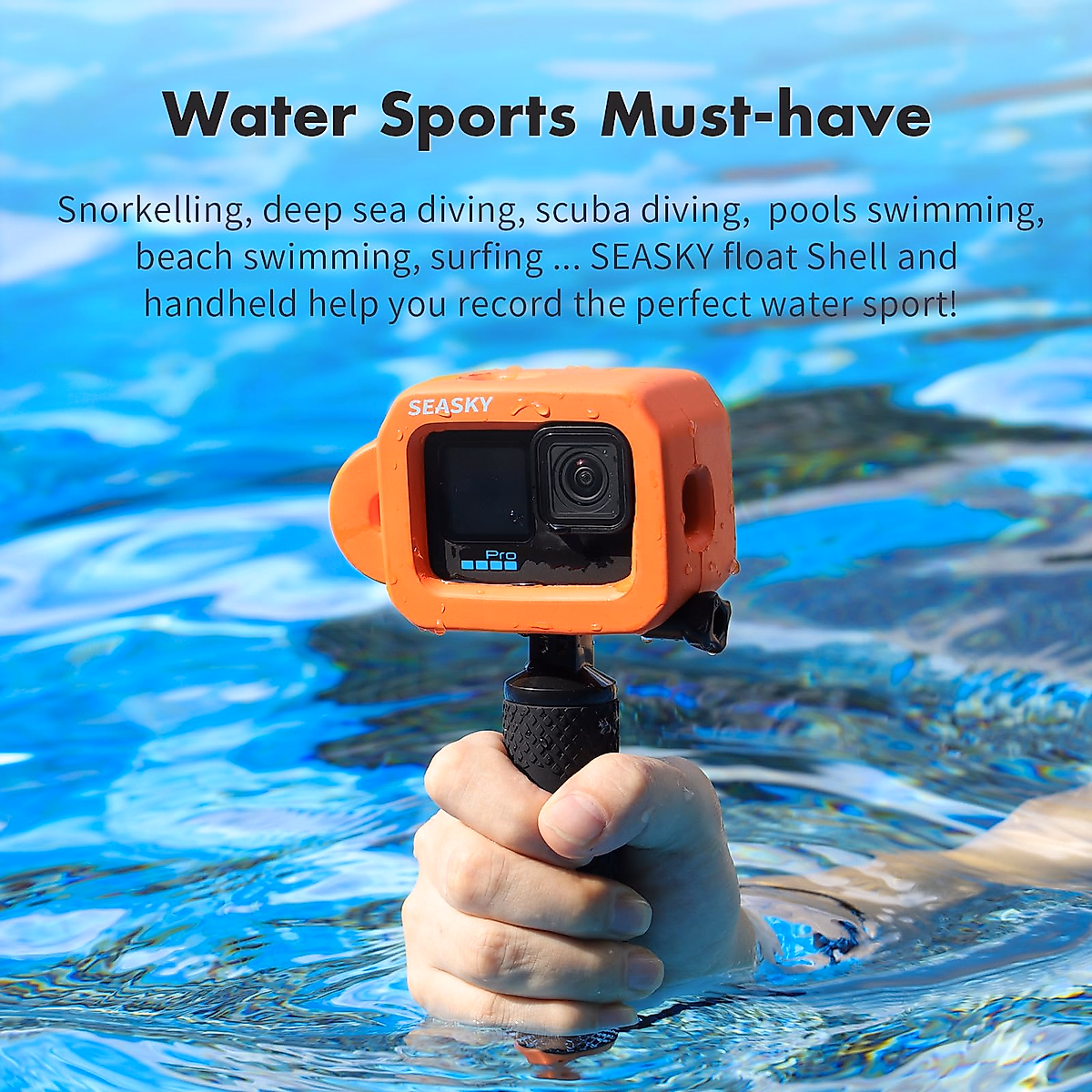 SEASKY Floaty Soft Foam Case & Hand Grip Stick Kit Set Accessories for Gopro Hero 12/11/10/9 Black Action Sports Camera Snorkeling Surfing, Wakeboarding Floating Protective Cage housing Shell Cover