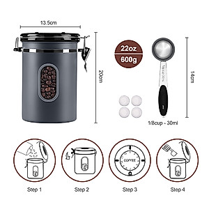 1800ML Airtight Coffee Canister with Date Tracker&Transparent Window, 22.8OZ Coffee Container with 30ML Measure Spoon&4 co2 Valve, Coffee Bean Storage Container for Grounds Coffee, Beans, Tea(Gray)