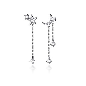 Reffeer Solid 925 Sterling Silver Asymmetric Moon Star Dangle Earring for Women Teen Girls CZ Drop Earrings Tassel Chain