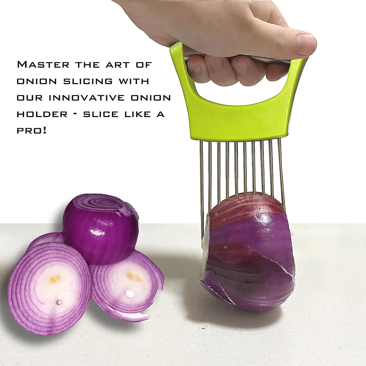 2 PACK Stainless Steel Onion Slicer, Potato Cutter, Lemon, Apple, Tomato, Egg, Meat Slicer/Holder/Chopper, Suitable for Slicing Vegetable, Stainless Steel Cutting Kitchen Gadget/Assistant, Green