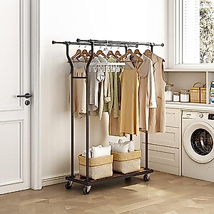 Hoctieon Heavy Duty Double Rod Clothing Racks for Hanging Clothes,Extensible Garment Rack With Wheels,Clothes Rack with Wooden Bottom Shelves
