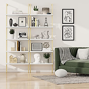 NUMENN 5 Tier Book Shelf, Industrial Ladder Shelf, Open Space Wall Mount Bookshelf with Metal Frame, Sturdy Book Shelves, Bookcase for Living Room, Home Office Shelf, White and Gold