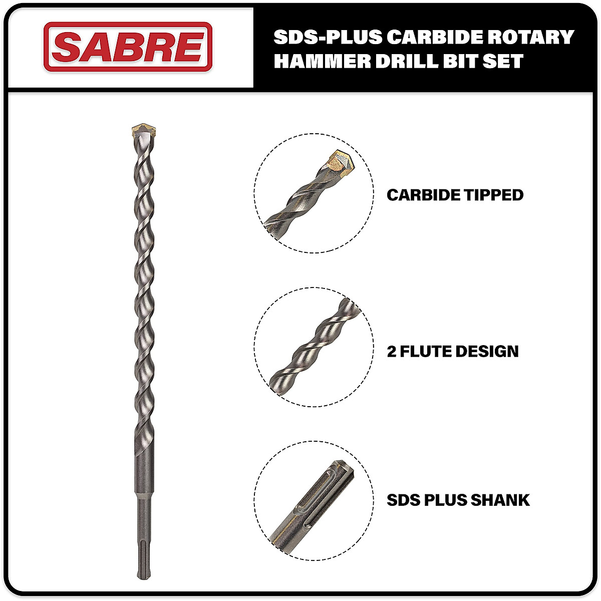 Sabre Tools 8-Piece 12in SDS Plus Drill Bits for Brick, Stone, Concrete, 1/4in x 12in, 5/16in x 12in, 3/8in x 12in, 1/2in x 12in, 5/8in x 12in, 3/4in x 12in, 7/8in x 12in, 1in x 12in (12" 8-Piece Set)