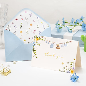 Crisky Baby Shower Blue Gold Thank You Cards (50 Pack) with Envelopes & Stickers Boy Baby Shower Greeting Cards Bulk, Watercolor Delicate Wildflower for Baby Shower Party