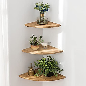 3pcs Oak Corner Shelf Wall Mount Set Round End Floating Speaker Shelf Display Shelf for Small Plant Photo Frame,Storage for Bedroom Kitchen,Living Room,Office