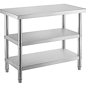 VEVOR Outdoor Food Prep Table, 48x14x33 in Commercial Stainless Steel Table, 2 Adjustable Undershelf BBQ Prep Table, Heavy Duty Kitchen Work Table, for Garage, Home, Warehouse, and Kitchen Silver