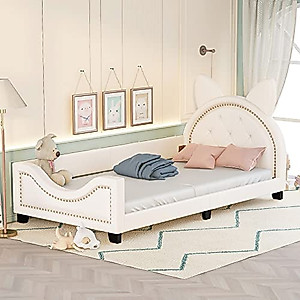 MWrouqfur Wooden Twin Size Upholstered Bed Frame with Carton Ears Shaped Headboard, Twin PU Leather Platform Bed for Girls Boys, Low Profile Single Bed - No Box Spring Needed