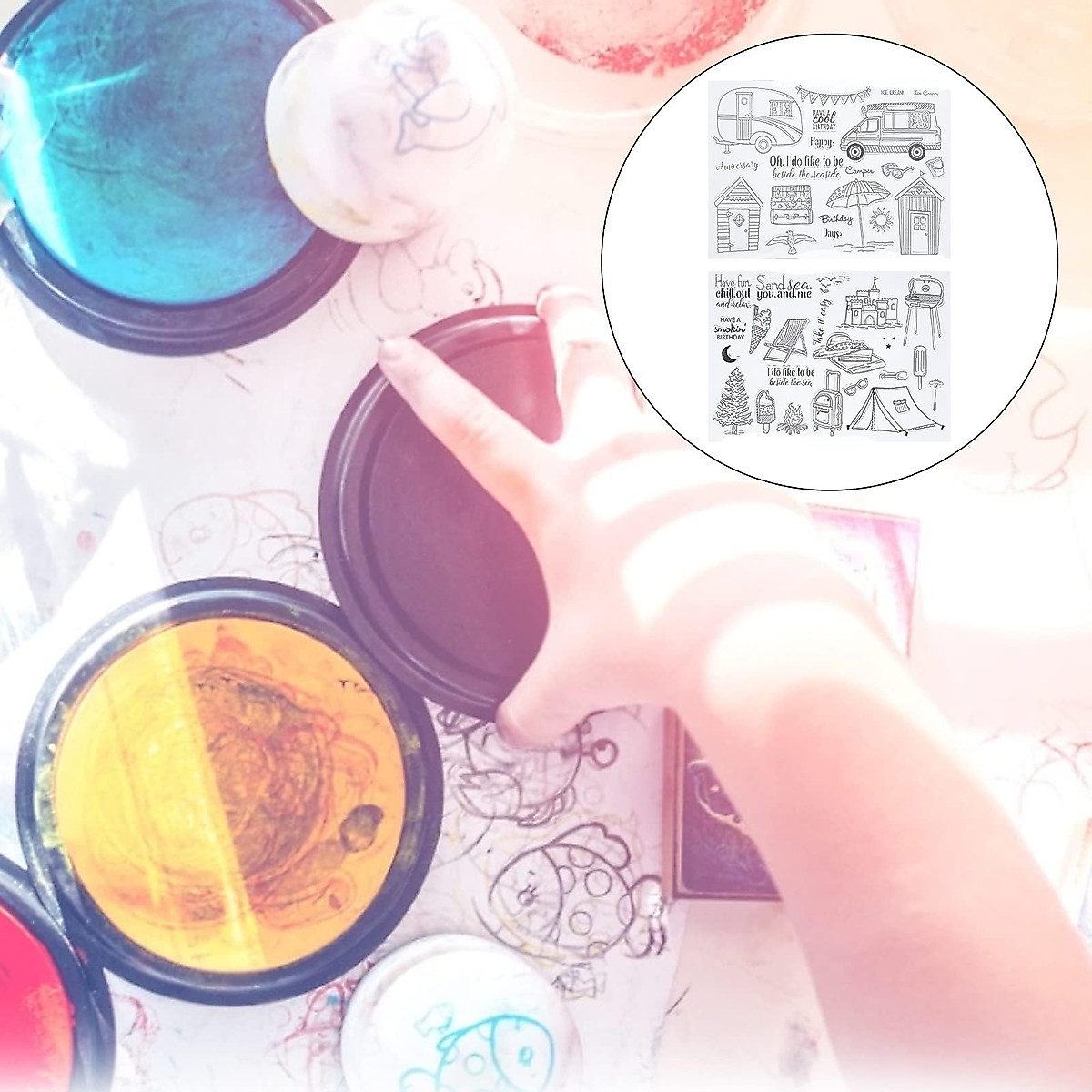 Silicone Stamp Cards, 2Pcs Camping Style Clear Stamps Cute Clear Rubber Stamps Cartoon Touring Car Seaside Spending Holiday Series Clear Stamps