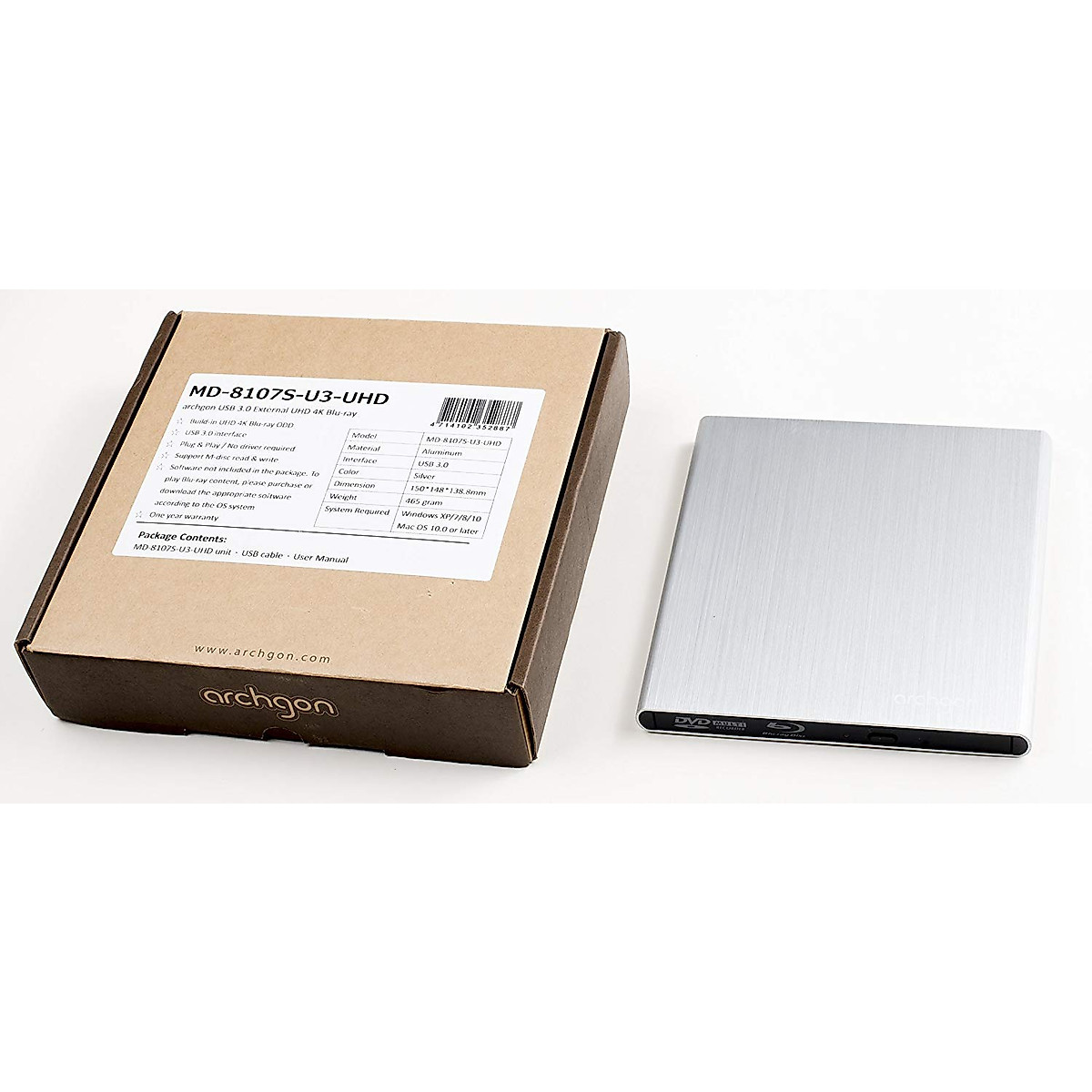 archgon Premium Aluminum External USB 3.0 UHD 4K Blu-Ray Writer Super Drive for PC and Mac