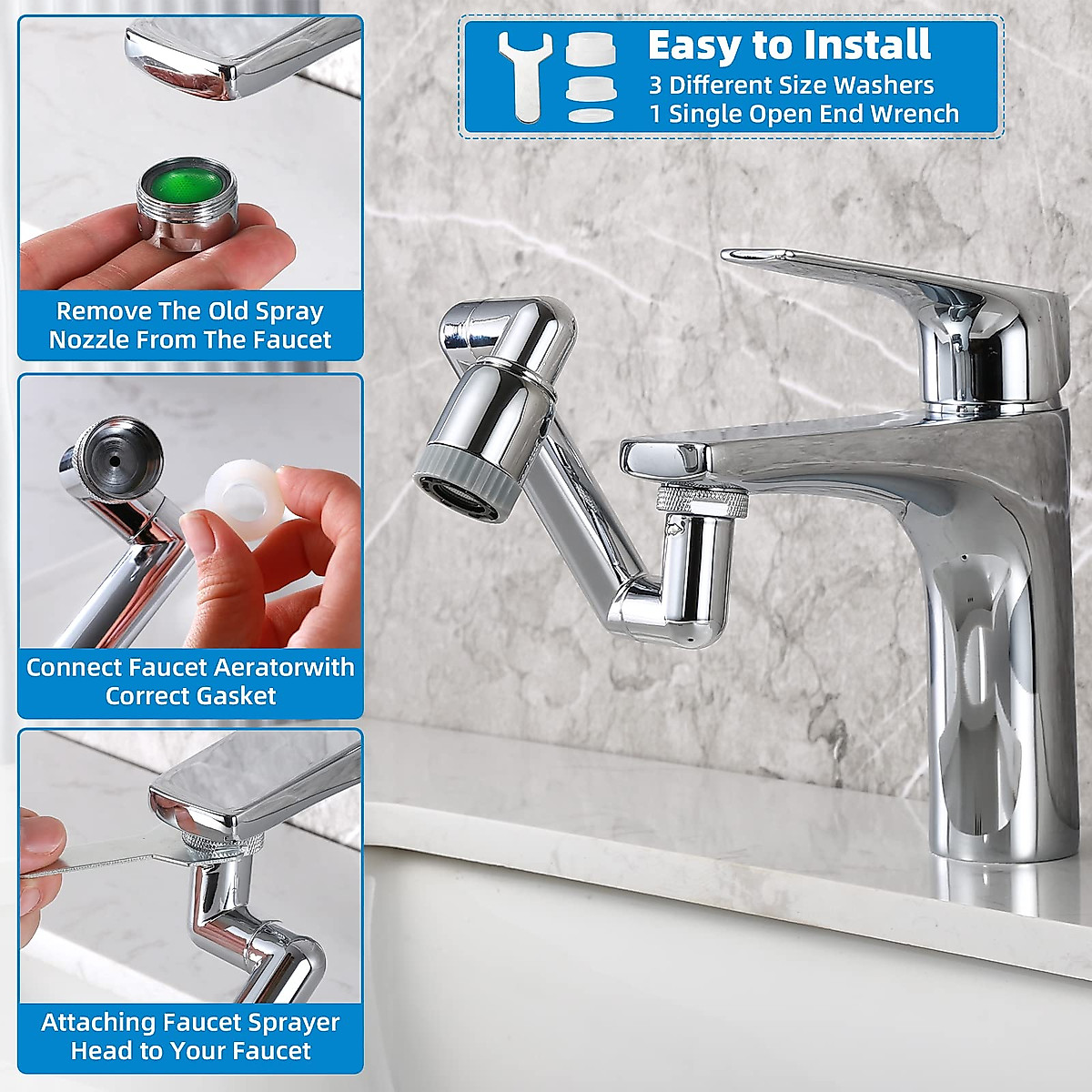 1440° Rotating Faucet Extender(Updated from 1080°), 3-funciton Faucet Aerator, Faucet Attachment with Female/Male Thread for Bathroom or Kitchen, Plastic Faucet Nozzle,Robotic Arm Sink Aerator Chrome