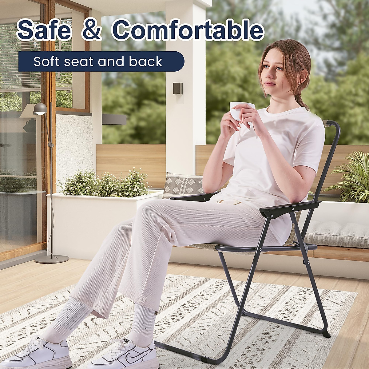 Amopatio Patio Folding Chairs Set of 4, Outdoor Chair Foldable Dining Chairs with Armrests for Outside Lawn Garden Porch and Pool, Brown