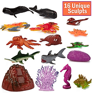 Ocean Sea Creature Action Figures - 30 Pieces, 18 Unique Sculpts- Giant Ocean Animal Playset Includes Turtles, Lobsters, Sharks & More - Great Sandbox Toy, Beach Toy, Tub Toy, & Party Decoration
