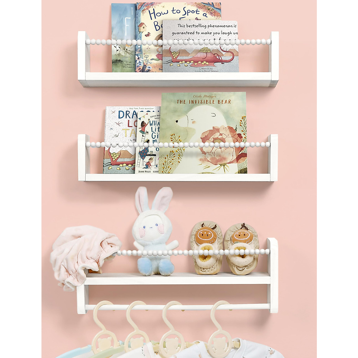 Maxpeuvon Nursery Bookshelves Set of 3, Natural Wood Nursery Floating Shelves Wall Mount Storage Shelf with Towel Bar Hainging Bookshelf for Kids Room Bedroom Nursery Decor