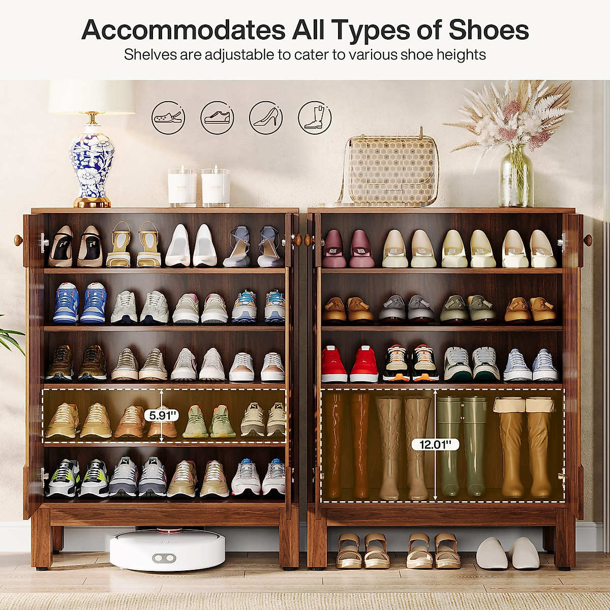 Tribesigns 5-Tier Shoe Cabinet with Round Louvered Doors, 20 Pairs Farmhouse Shoe Storage Cabinet with Adjustable Shelves, Freestanding Shoe Rack Organizer for Entryway, Hallway, Living Room, Brown